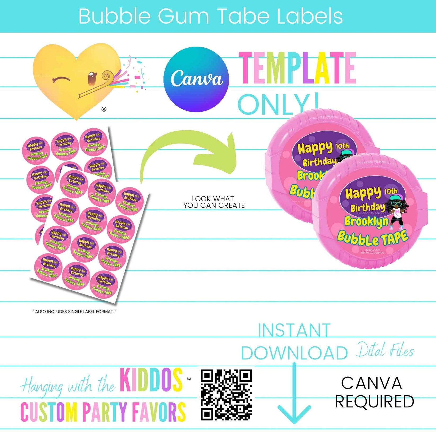 Canva Party Printable Template - Bubble Gum Tape Labels – Hanging with ...
